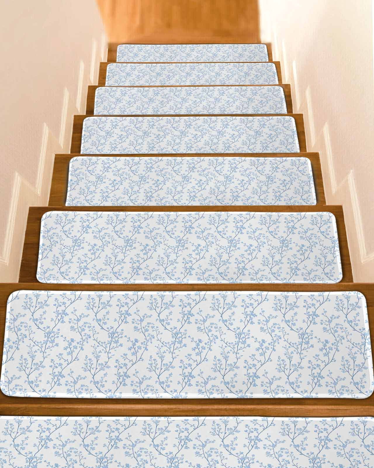 Blue Flower Leaf Stair Treads for Wooden Steps Indoor Runner Rug Carpet ...