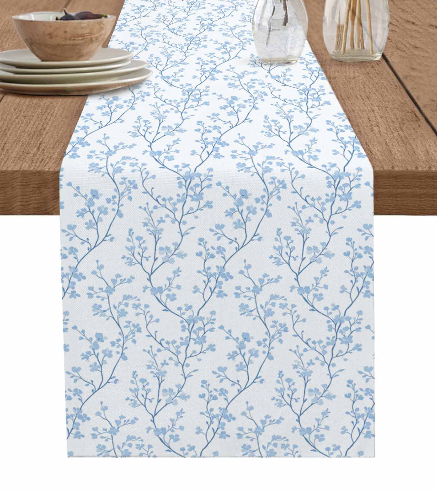 Blue Flower Leaf Table Runner Botanical Plant Floral Tree Branch ...