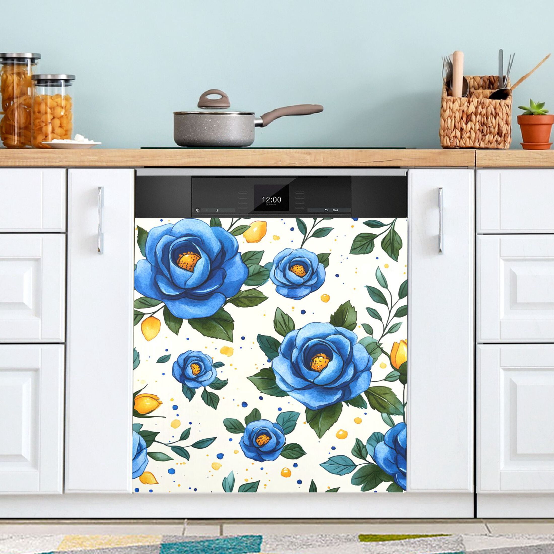 Blue Flower Leaves Flower Dishwasher Magnet Cover Reuseable ...