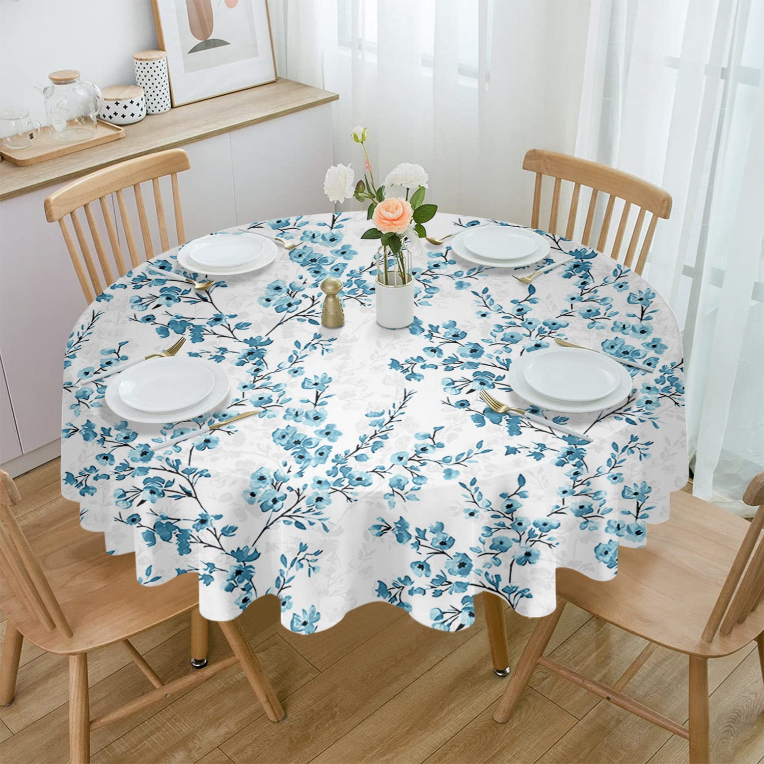 Blue Flower Leaves Round Waterproof Tablecloth Picnic Decorative Table ...