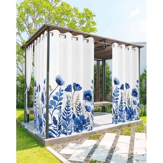 Blue Flower Outdoor Curtains for Patio, Spring Vintage Botanical Leaf ...