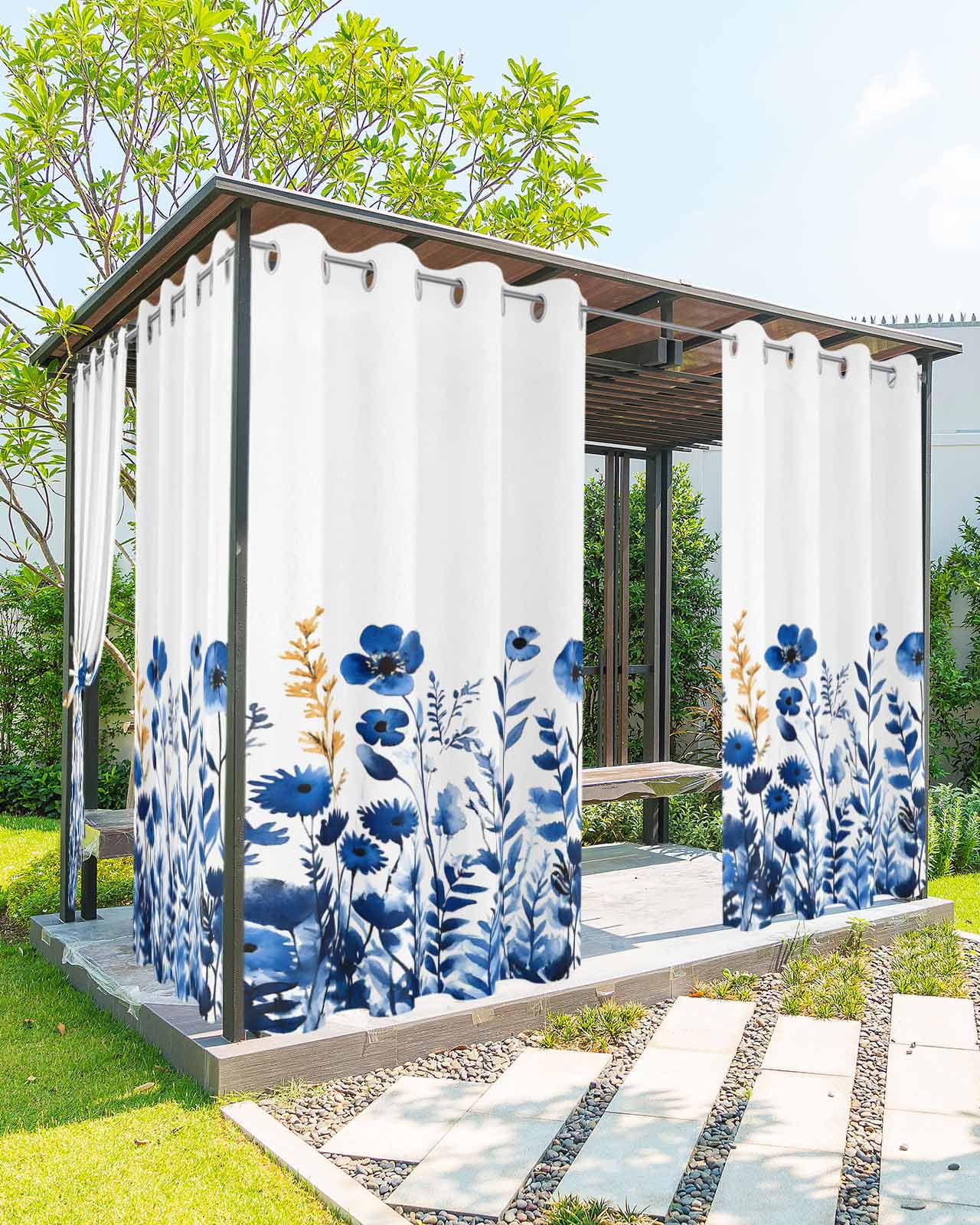 Blue Flower Outdoor Curtains for Patio, Spring Vintage Botanical Plant ...