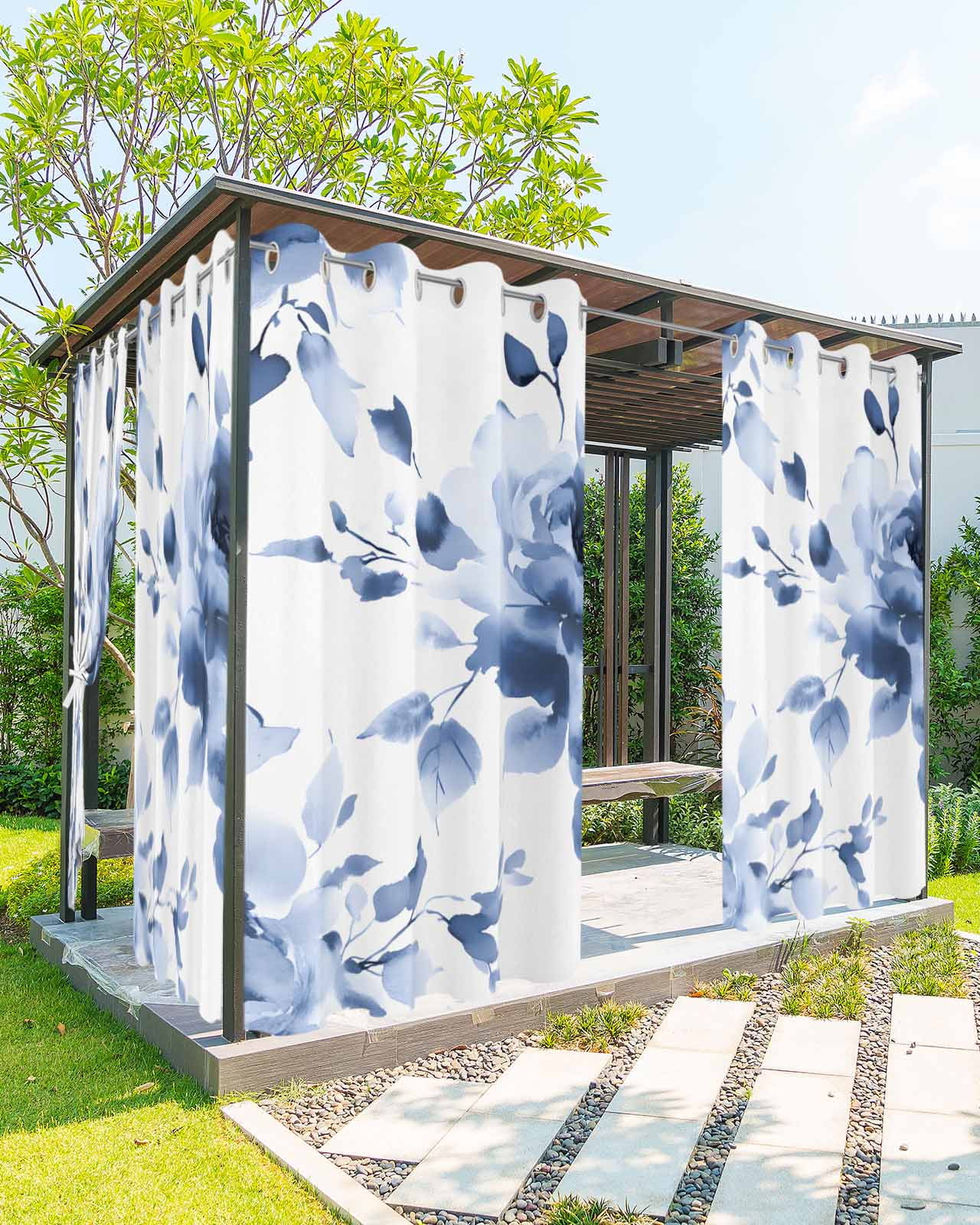 Blue Flower Outdoor Curtains for Patio, Spring Watercolor Blue Floral ...