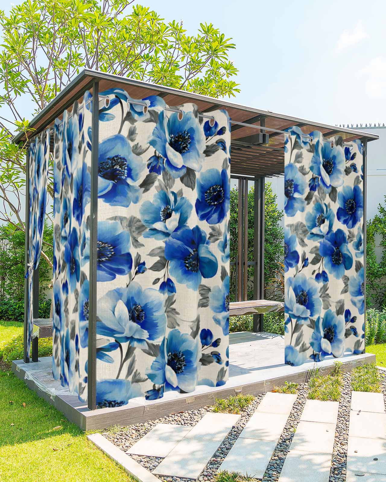 Blue Flower Outdoor Curtains for Patio, Watercolor Gradient Blue White ...