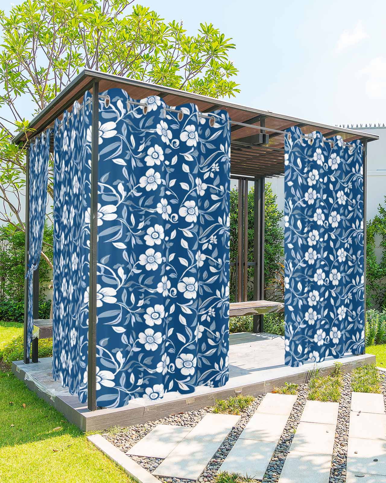 Blue Flower Outdoor Curtains for Patio Waterproof, Country Botanical ...