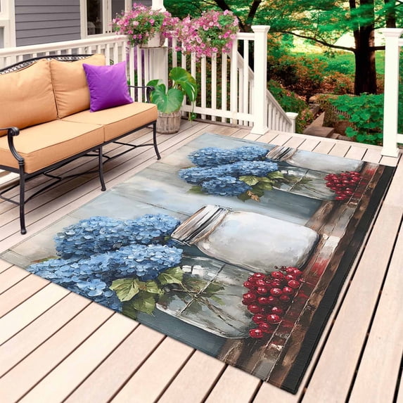 Blue Flower Outdoor Rug 3x5 Ft, Non Slip Washable Area Rug, Modern ...