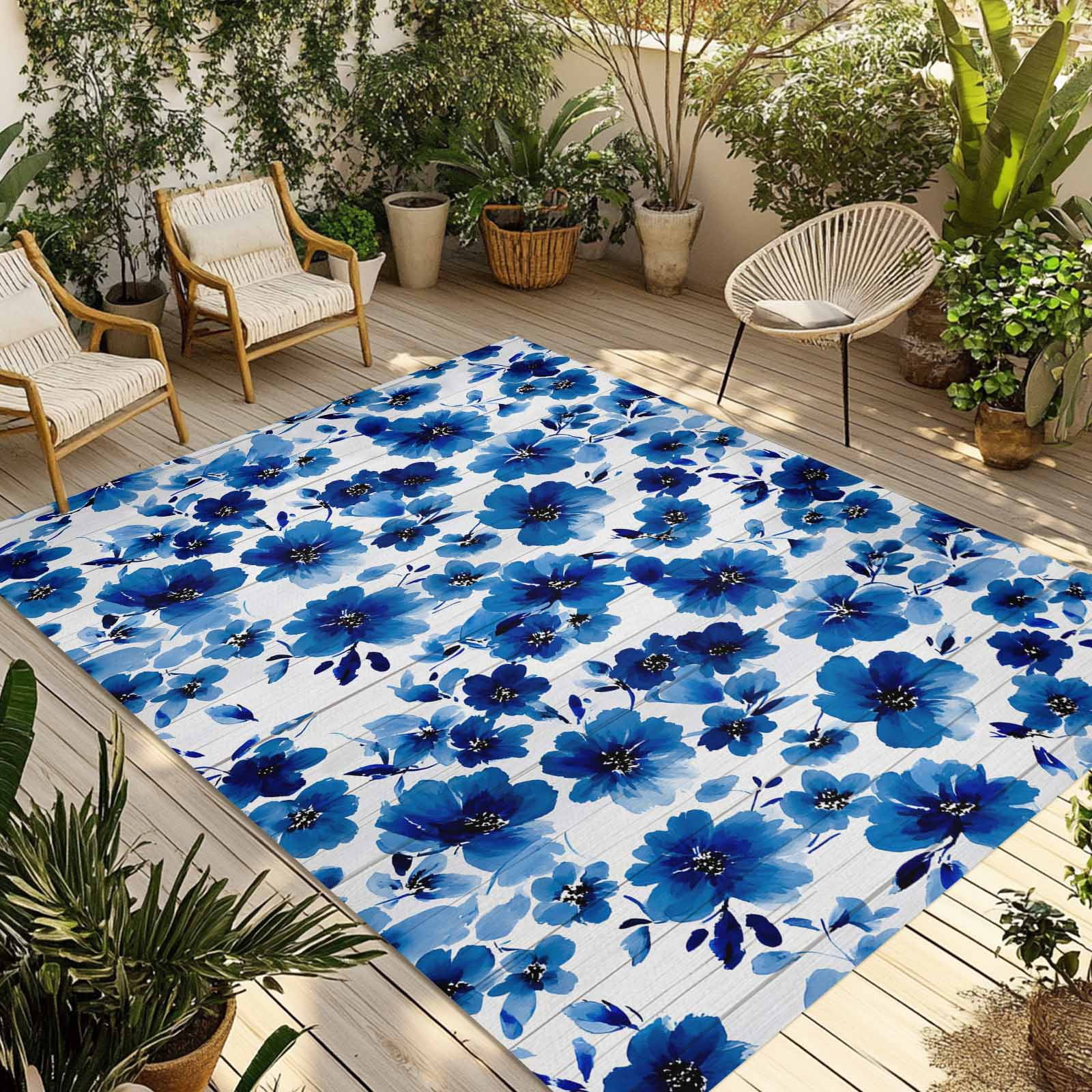 Blue Flower Outdoor Rug, Watercolor Floral Wood Striped Country Modern ...