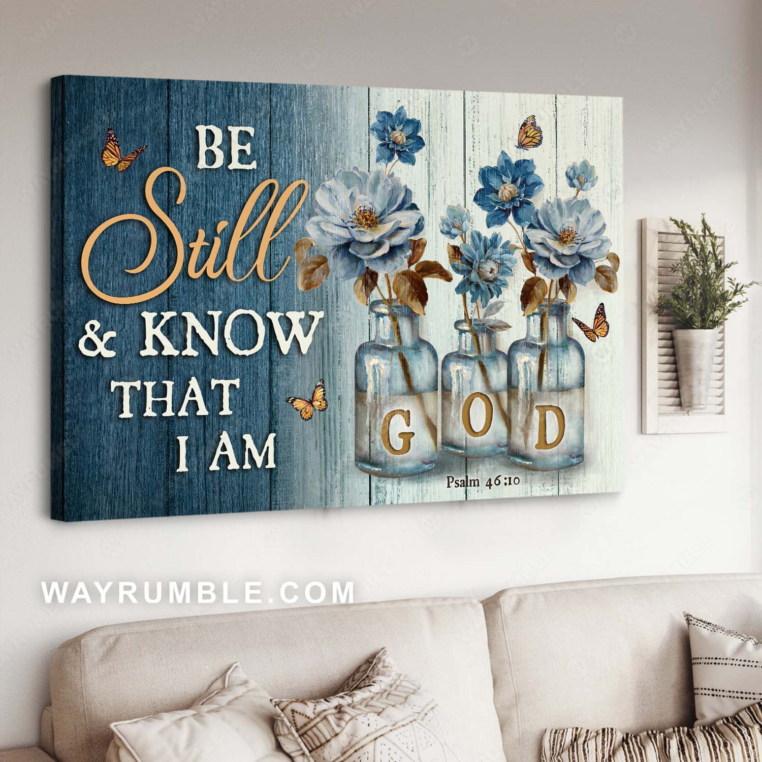 Blue Flower Painting Glass Vase Monarch Butterfly Be Still & Know That ...