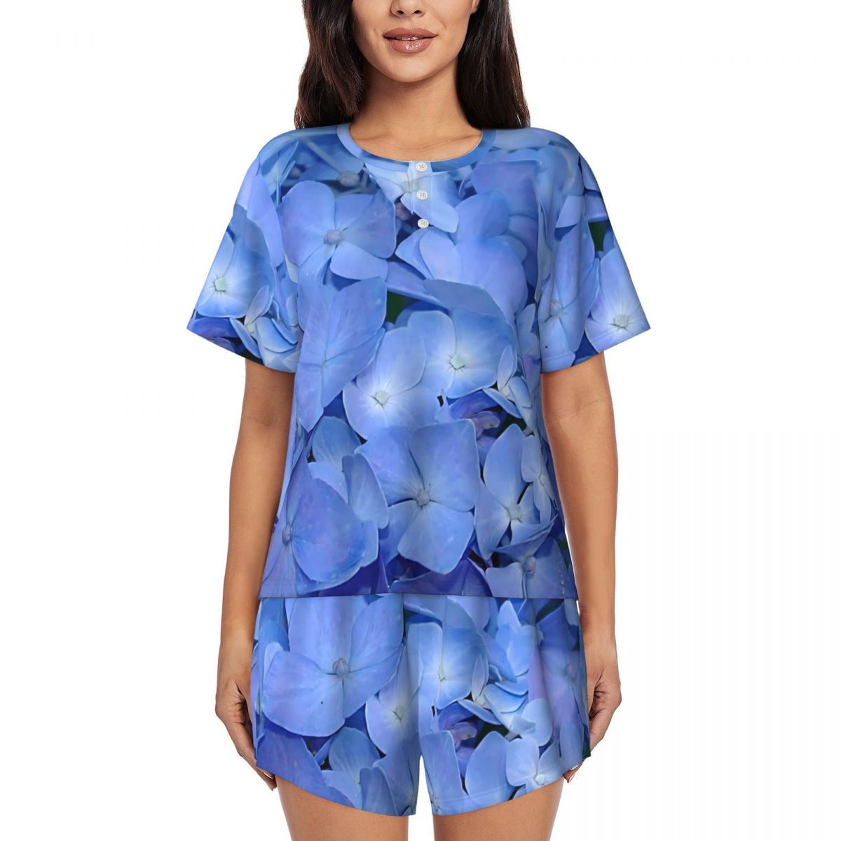 Blue Flower Pajamas Orange Floral Print Short Sleeves Retro Pajamas Set ...