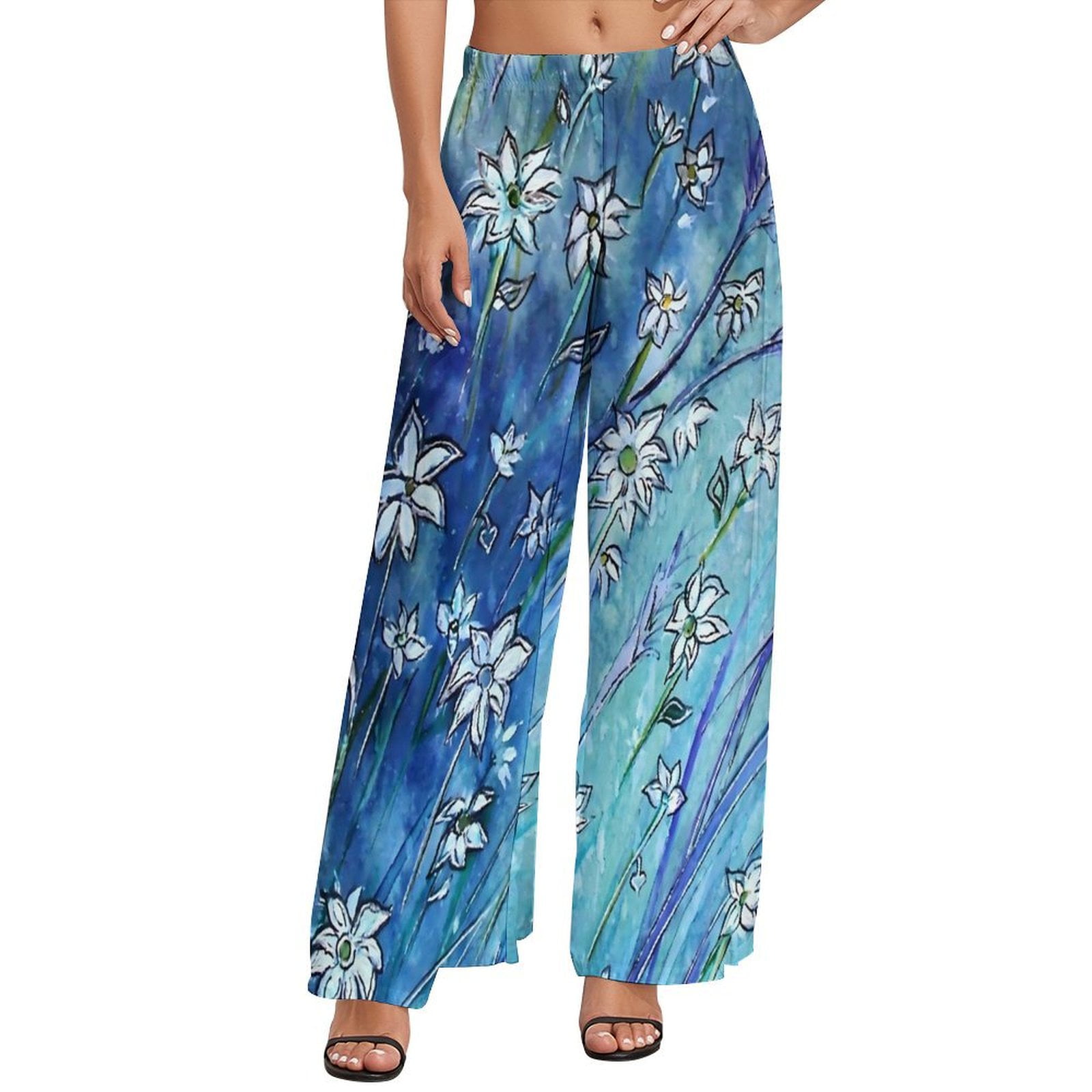 Blue Flower Pants Elastic Waist Floral Print Casual Trousers Street ...
