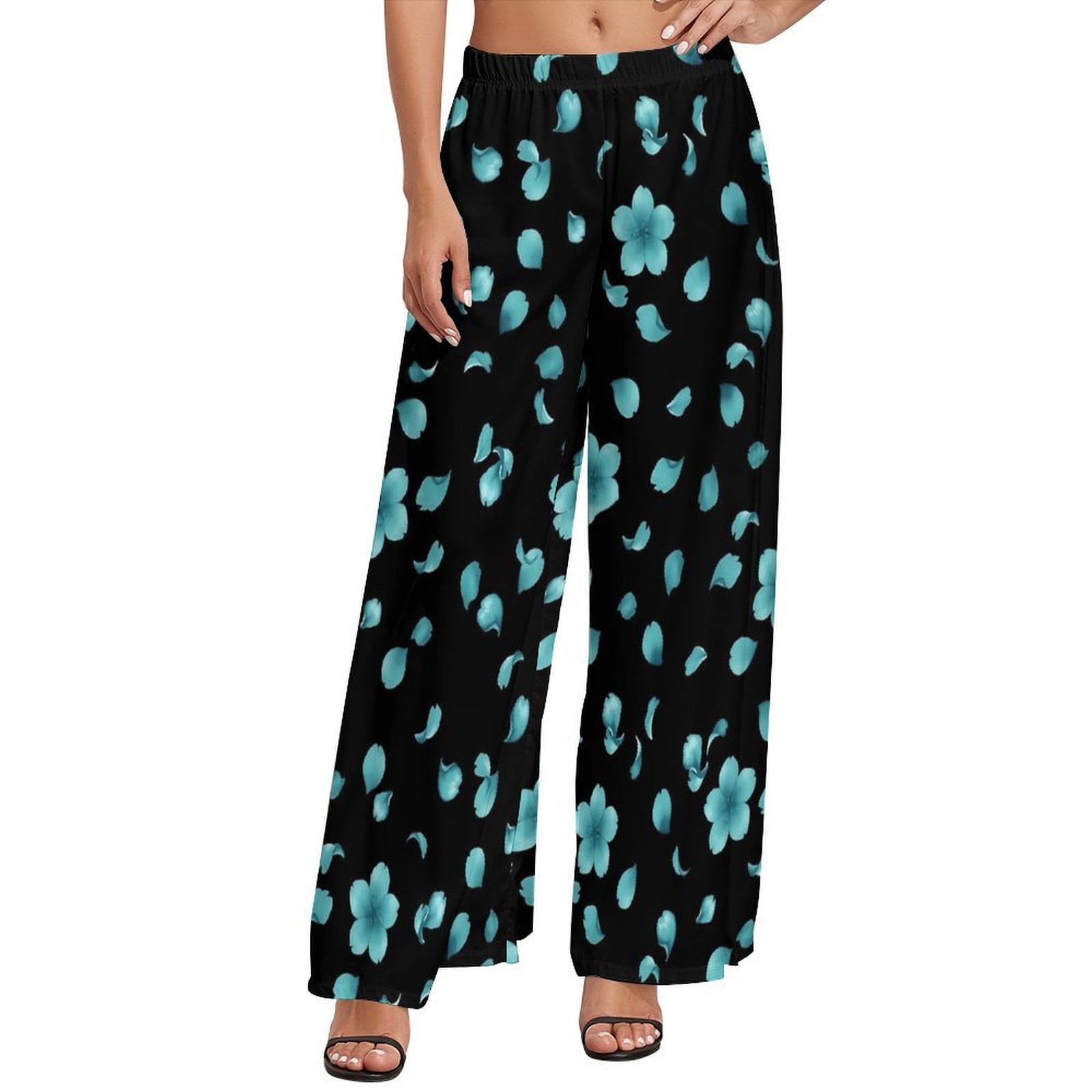 Blue Flower Pants Elastic Waist Floral Print Casual Trousers Street ...