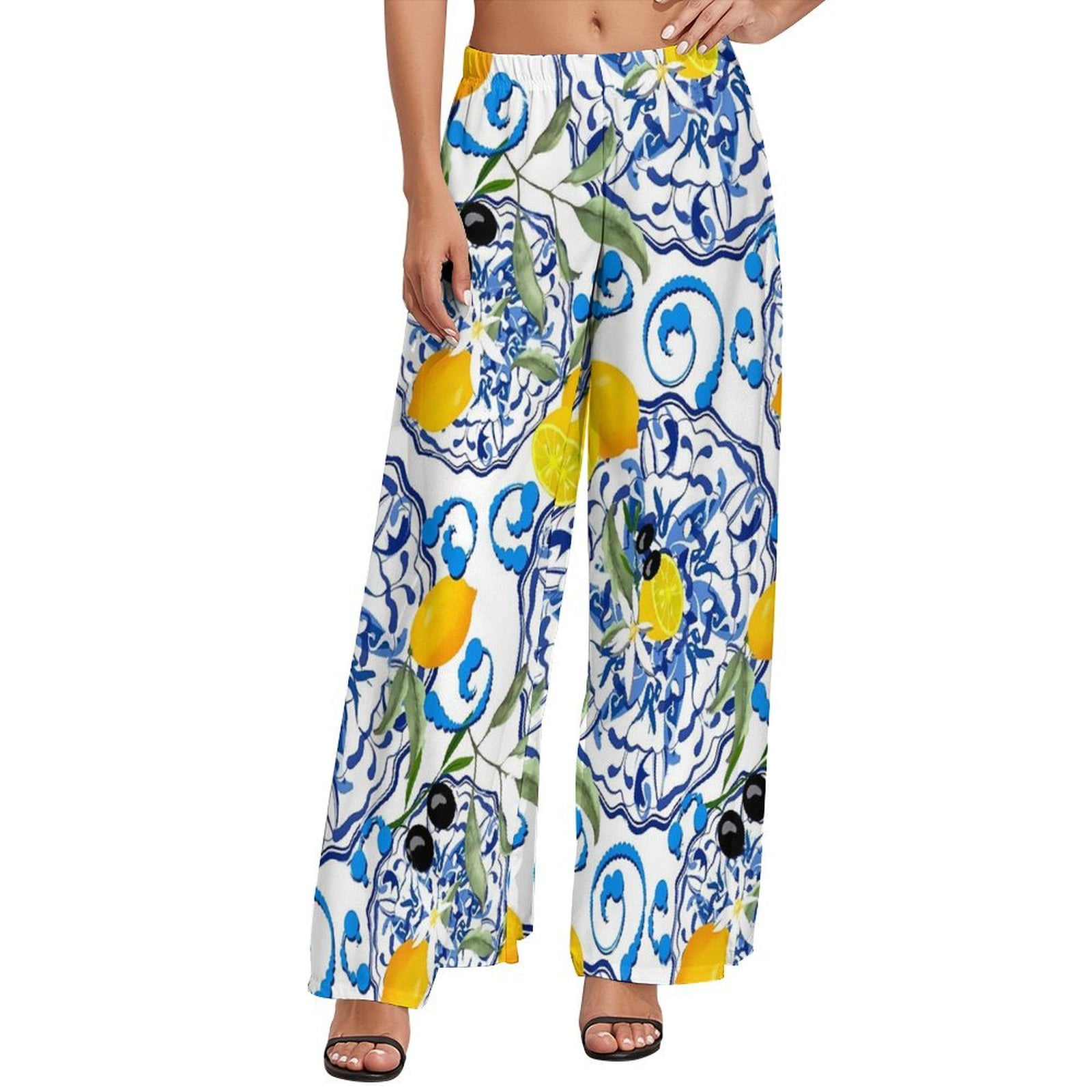 Blue Flower Pants Elastic Waist Floral Print Casual Trousers Street ...