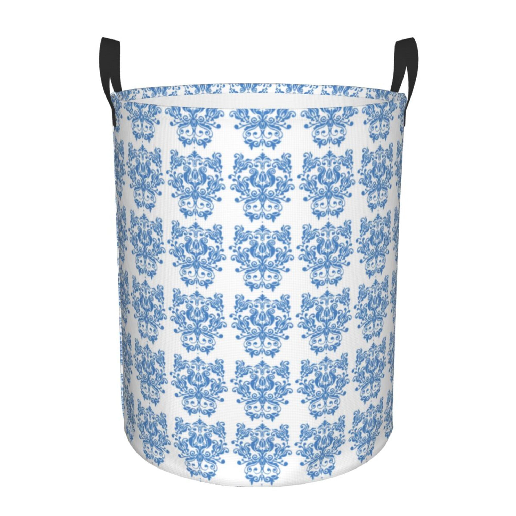 Blue Flower Pattern Background Circular Laundry Basket (With Handle ...
