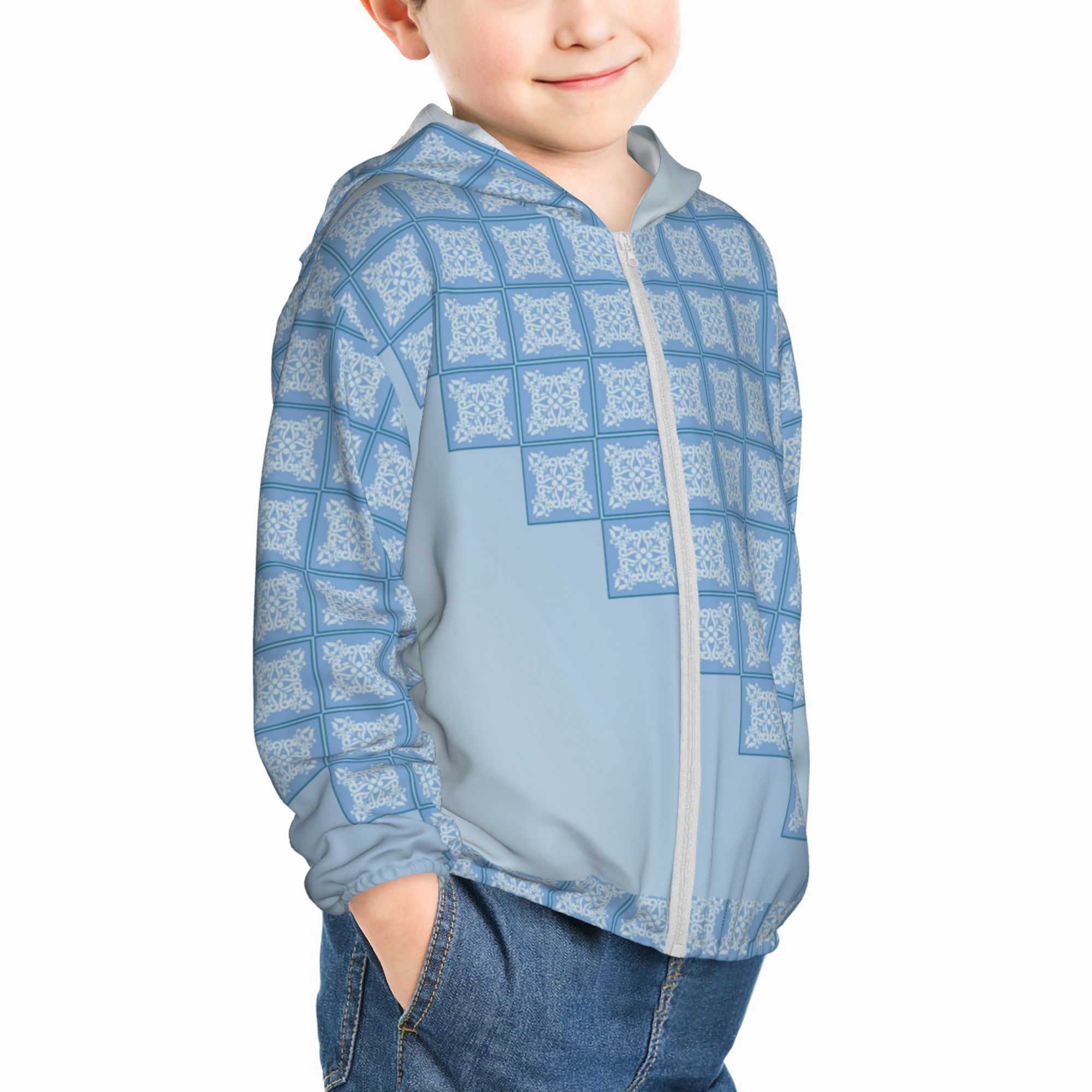 Blue Flower Pattern Background Kids Zip-Up Hoodie Girls Boys Sun Protection Jacket Hooded ...