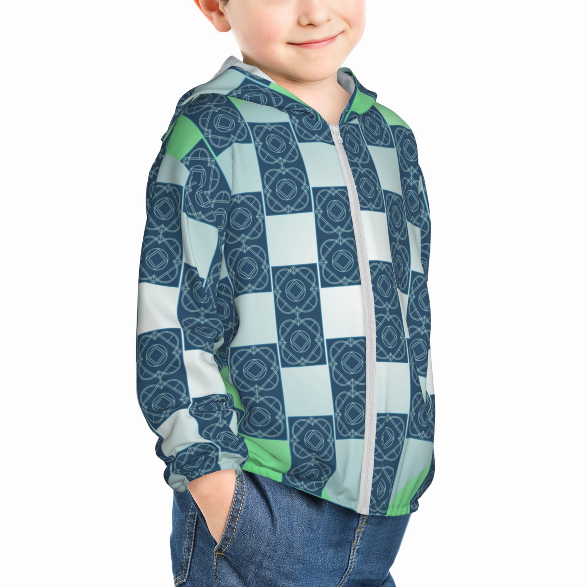 Blue Flower Pattern Background Kids Zip-Up Hoodie Girls Boys Sun Protection Jacket Hooded ...