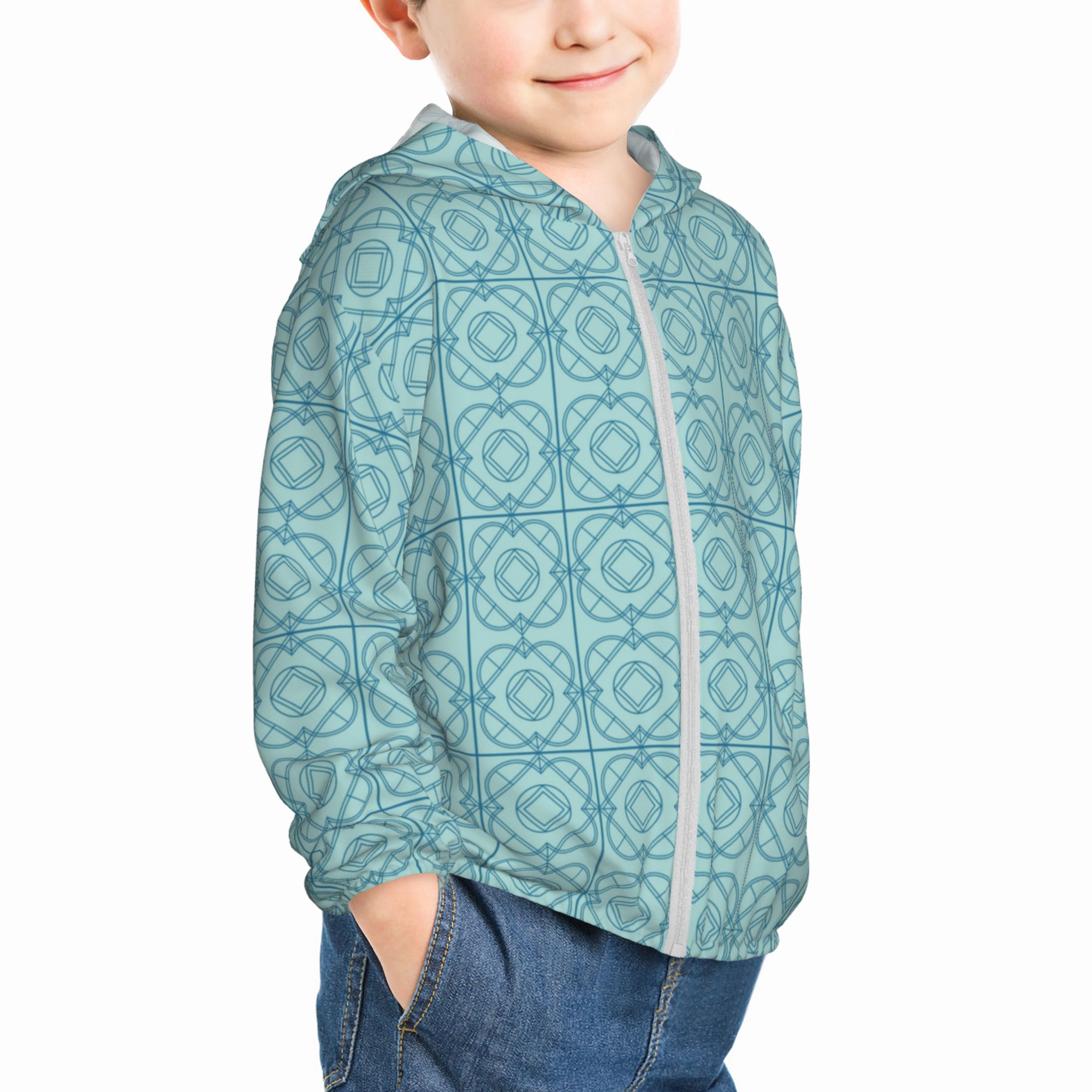 Blue Flower Pattern Background Kids Zip-Up Hoodie Girls Boys Sun Protection Jacket Hooded ...