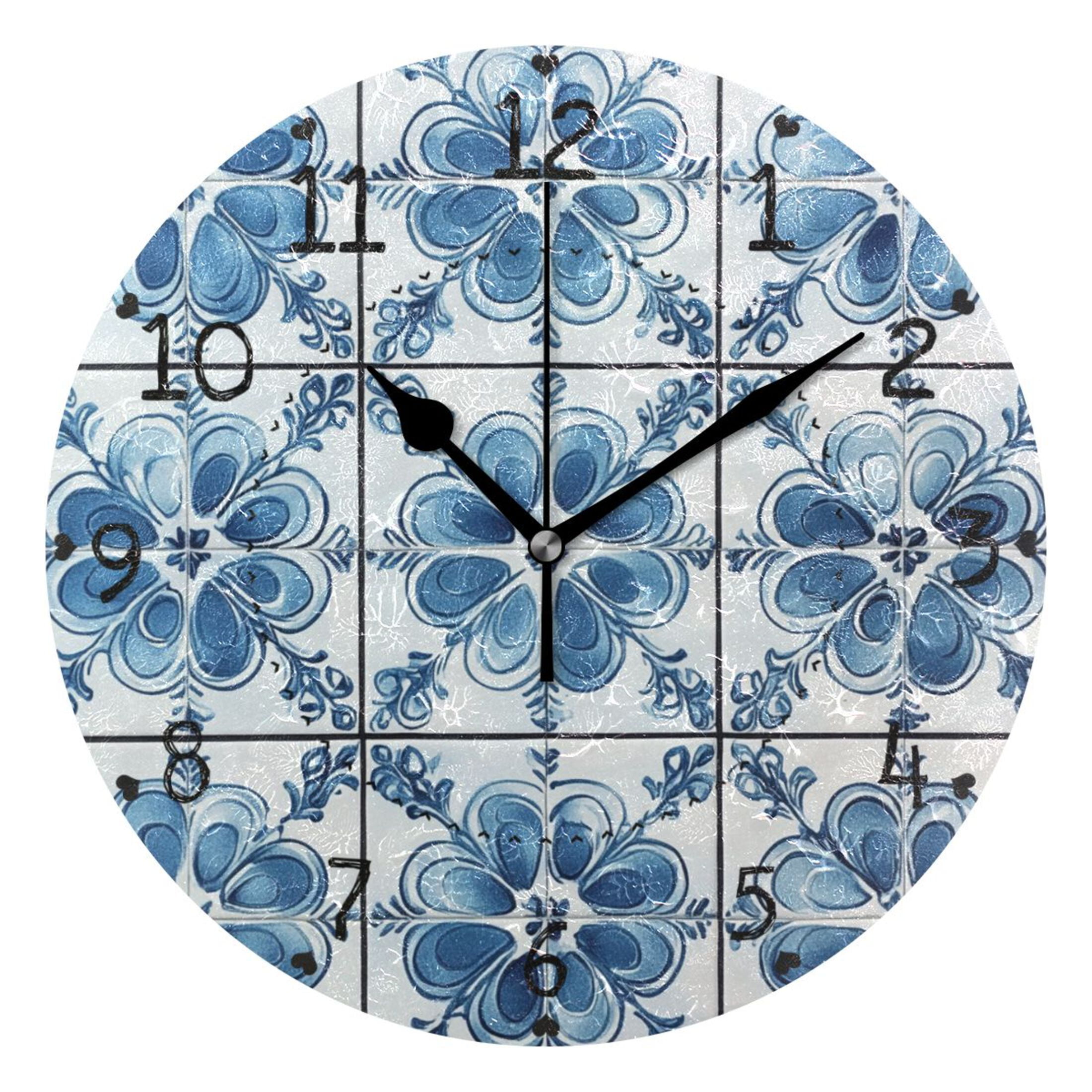 Blue Flower Pattern Round Wall Clock Silent Battery Operated Home Decor ...