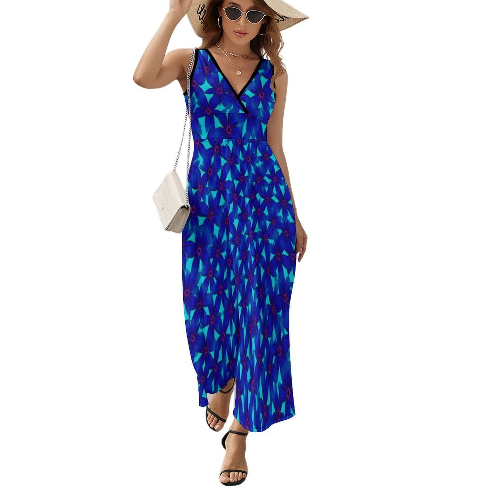 Blue Flower Pattern on Blue Dress Summer Street Style Bohemia Long ...