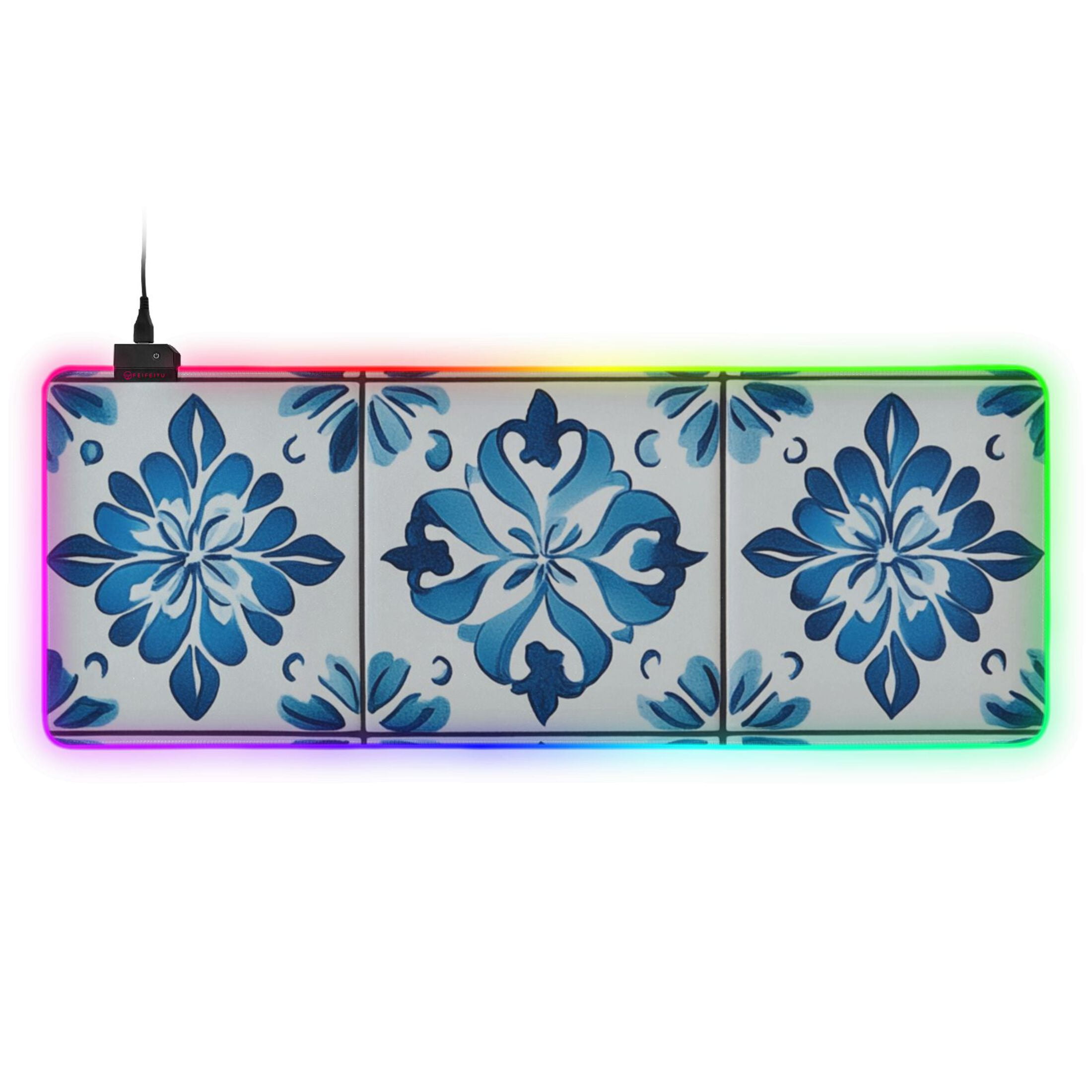 Blue Flower Patterned Tile RGB Gaming Mouse Pad Large Keyboard Mat ...