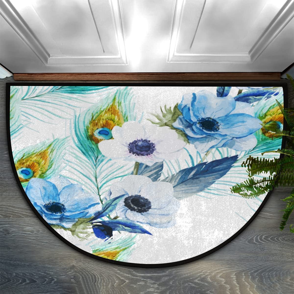 Blue Flower Peacock Feather Half Round Door Mat Half Circle Area Rug ...
