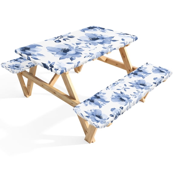 Blue Flower Picnic Table Cover with Bench Covers Spring Watercolor Blue ...