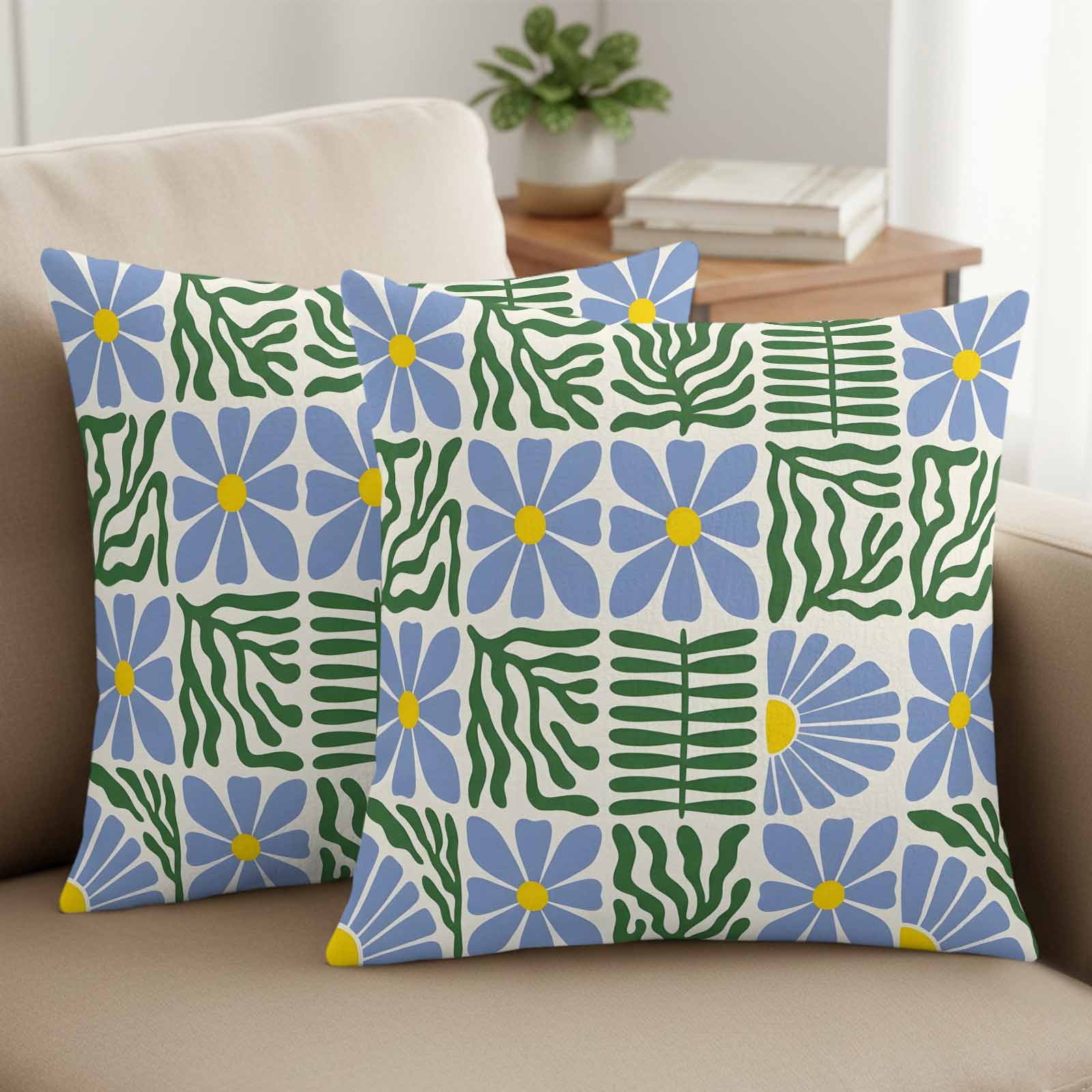 Blue Flower Pillow Covers Set of 2, Green Curve Abstract Floral Plaid ...