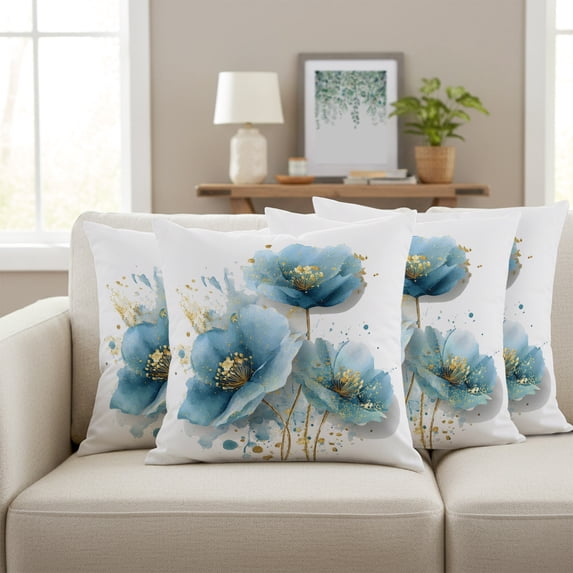 Blue Flower Pillow Covers Set of 4, Watercolor Floral Abstract Modern ...