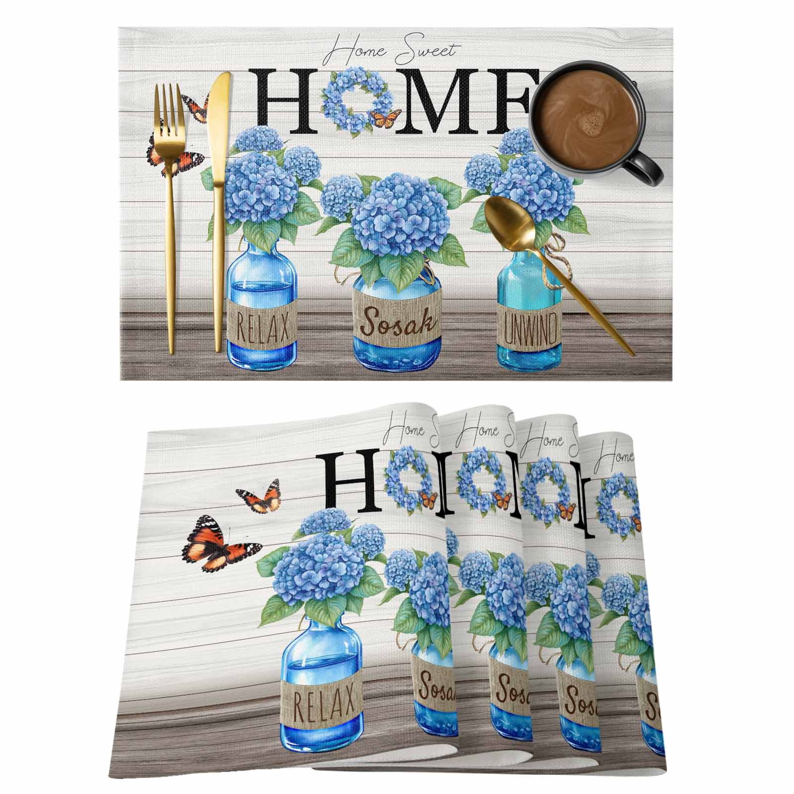 Blue Flower Placemats Set of 4 Summer Hydrangea Floral Leaf Butterfly ...
