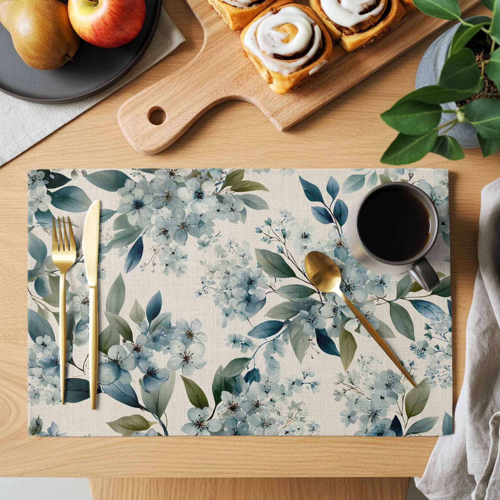 Blue Flower Placemats Set of 8, Watercolor Spring Blue Floral Green ...