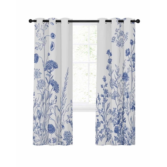 Blue Flower Plant Blackout Curtains, Light Blocking Print Window ...