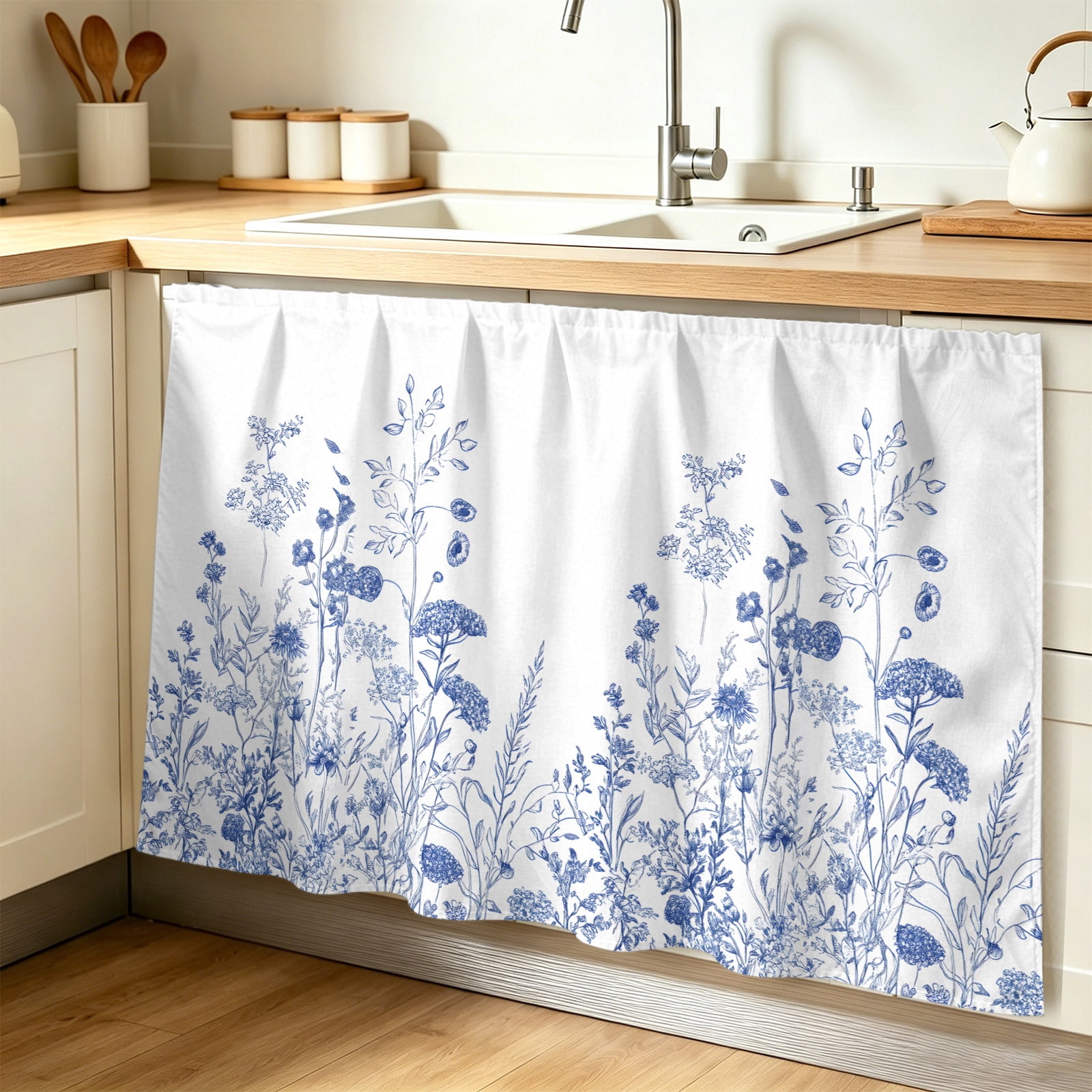 Blue Flower Plant Cabinet Curtain 32"Wx55"L, Dustproof Pantry Door ...