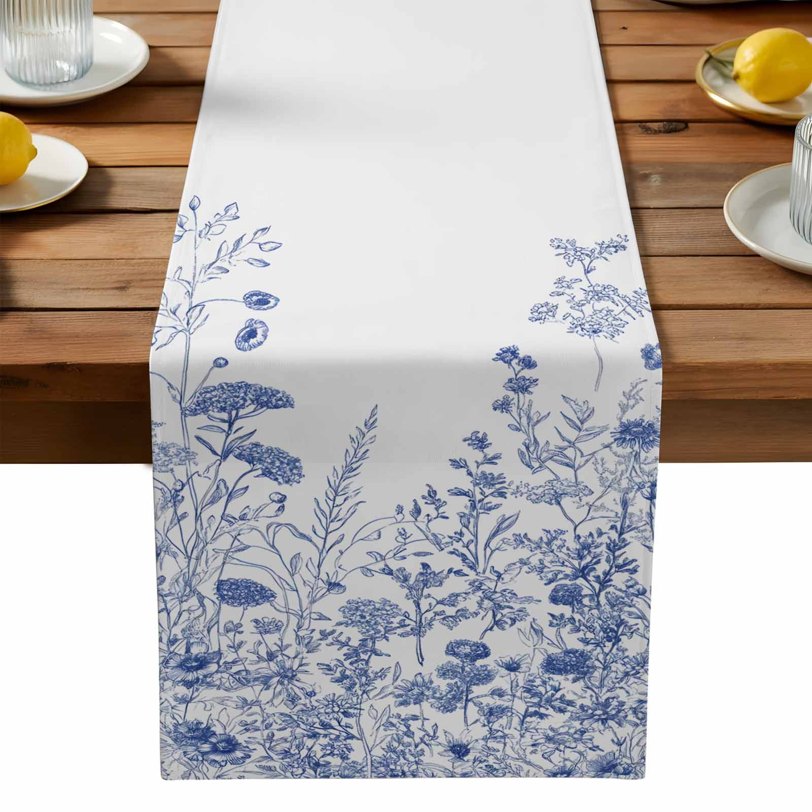 Blue Flower Plant Cotton Linen Table Runner for Dining Kitchen, Retro ...