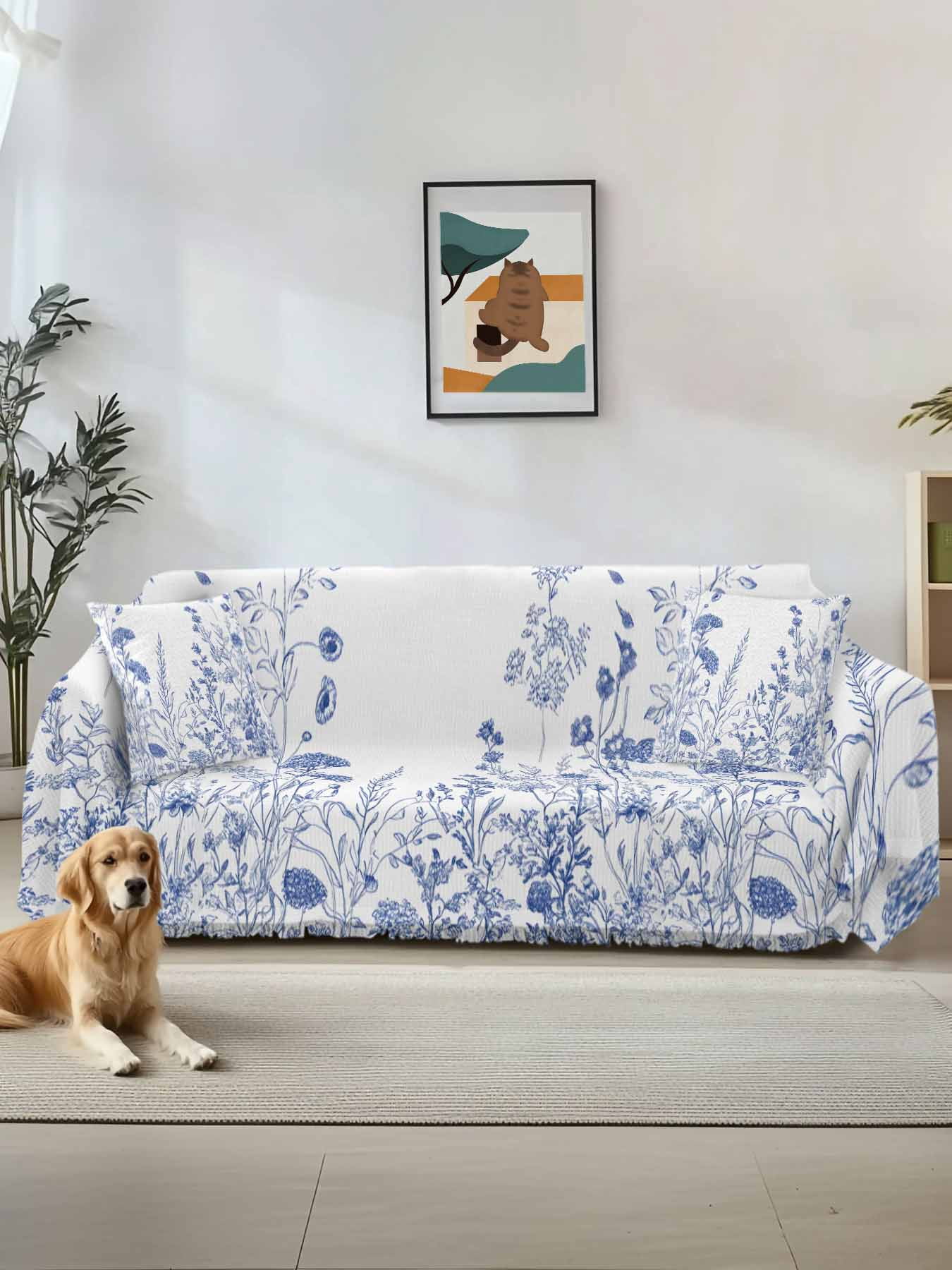 Blue Flower Plant Couch Cover for 2 Cushion Couch, Retro Country Tree ...