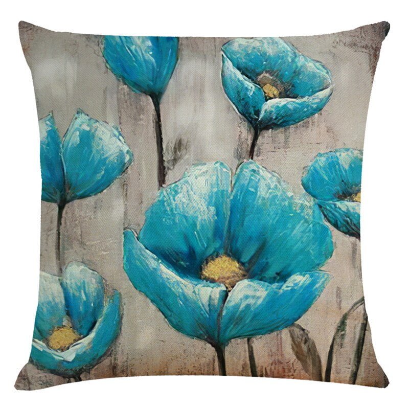 Blue Flower Plant Linen Cushion Cover for Sofa Modern Living Room Bench ...