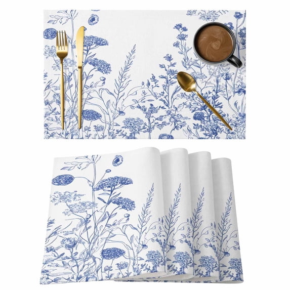 Blue Flower Plant Placemats Set of 12, Cotton Linen Fabric Place Mats ...