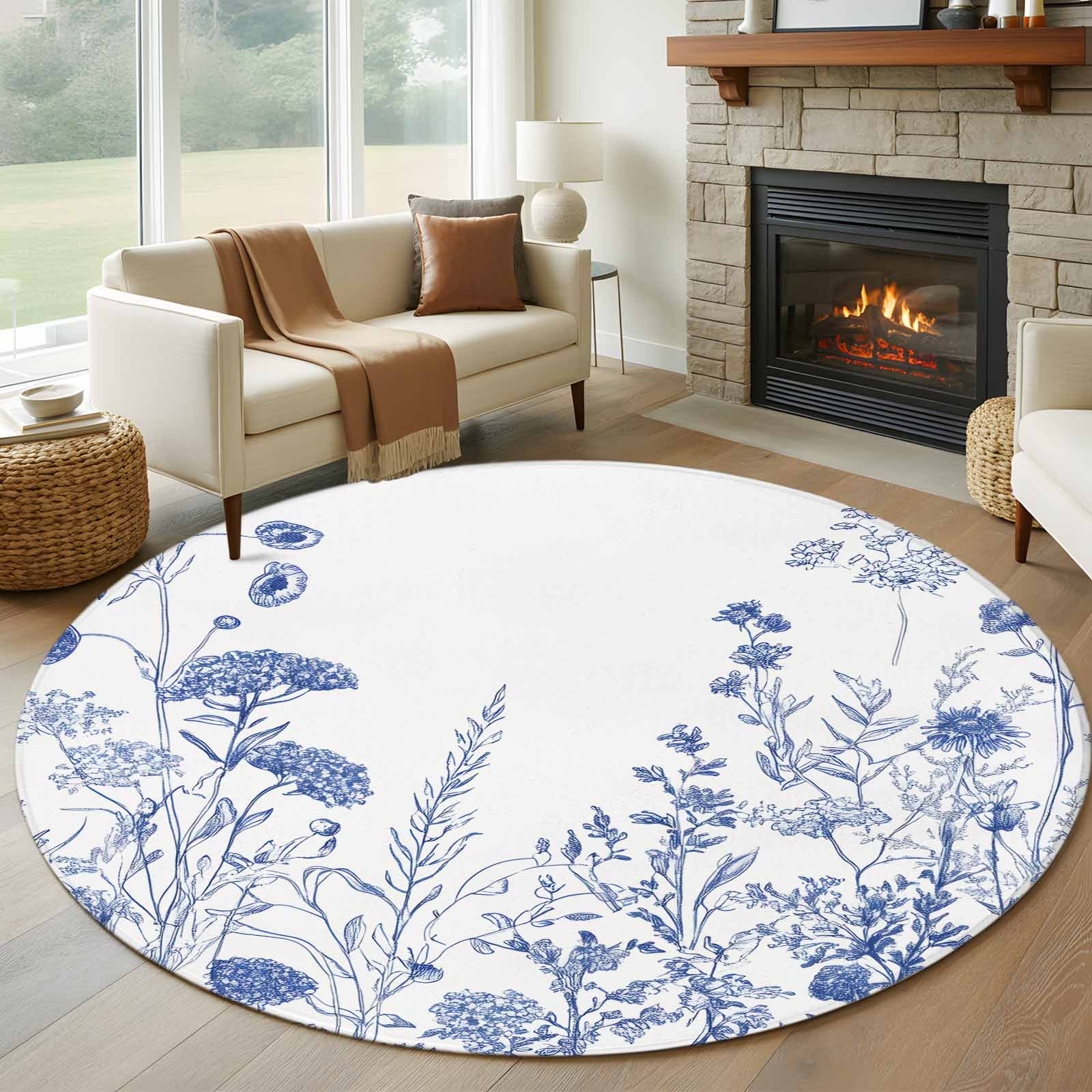Blue Flower Plant Round Area Rug 6 FT, Non Slip Bedroom Rugs, Retro ...