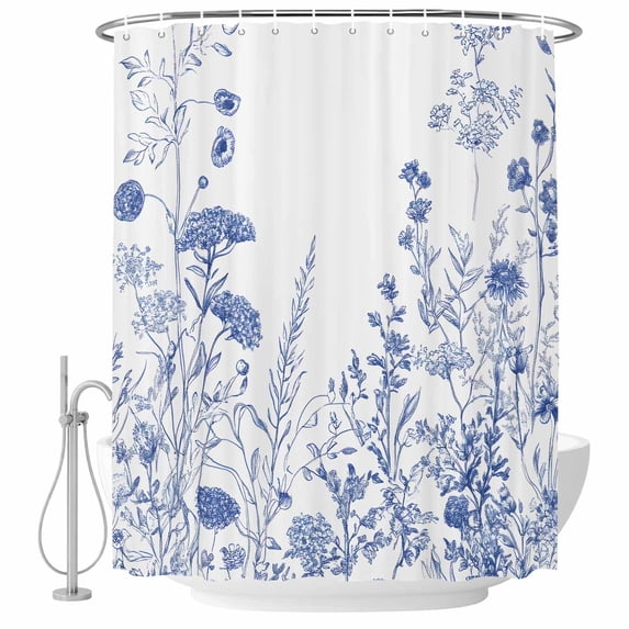 Blue Flower Plant Shower Curtain Set - Small 36" x 72" Washable Bathtub ...