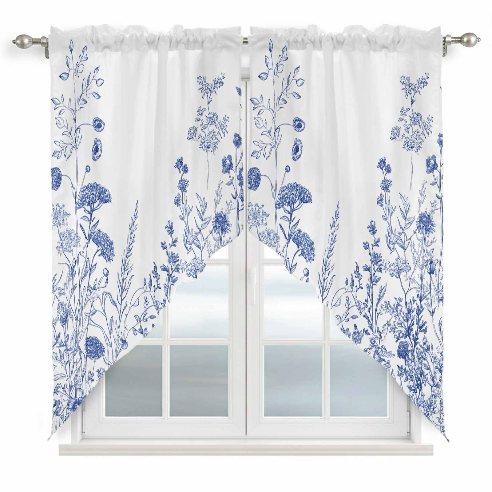 Blue Flower Plant Swag Curtains Retro Country Tree Branch Leaves Swag ...