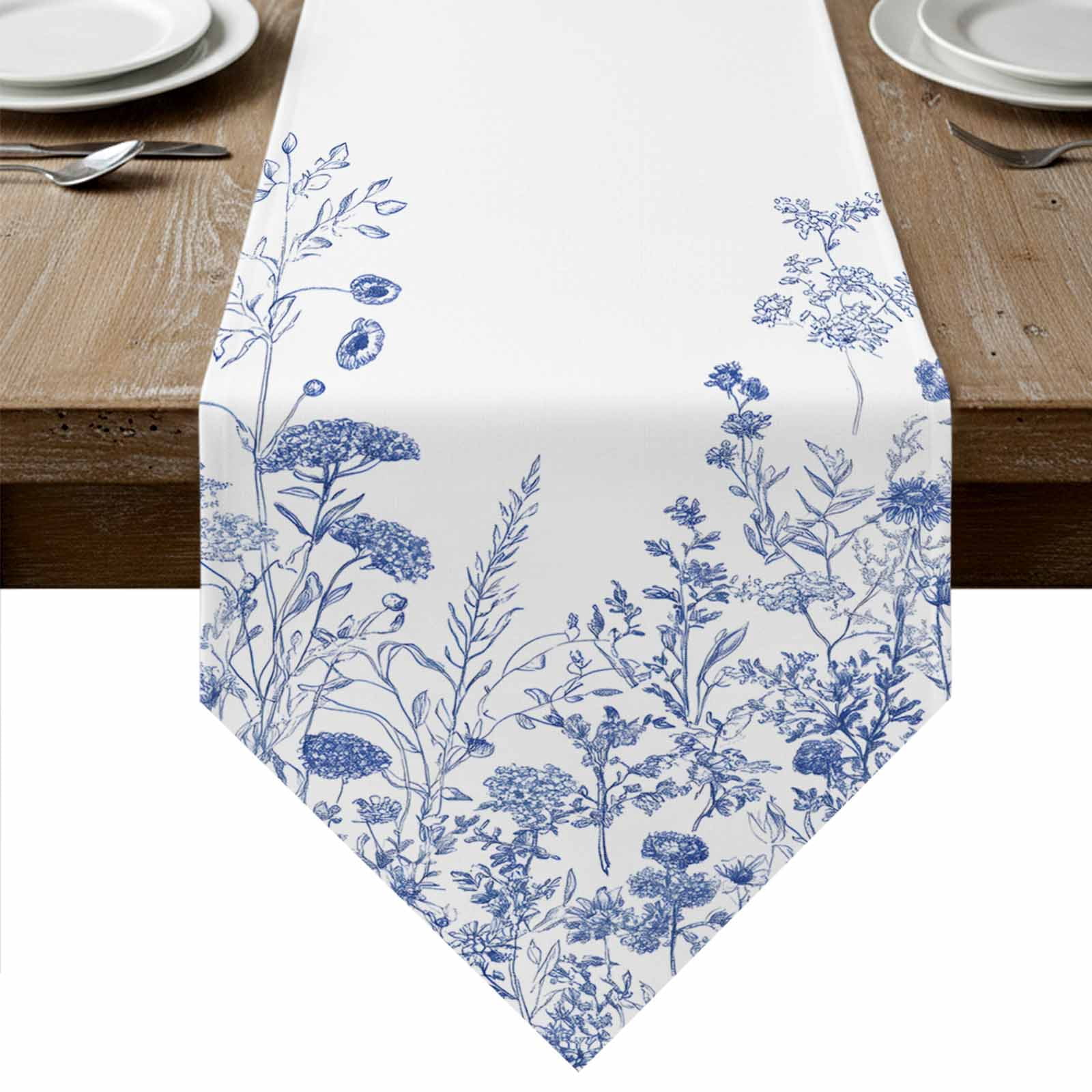 Blue Flower Plant Table Runner Linen Burlap Table Runner 48 Inches Long ...