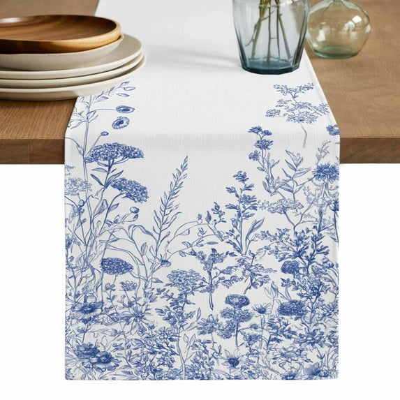 Blue Flower Plant Table Runner, Retro Country Tree Branch Leaves ...