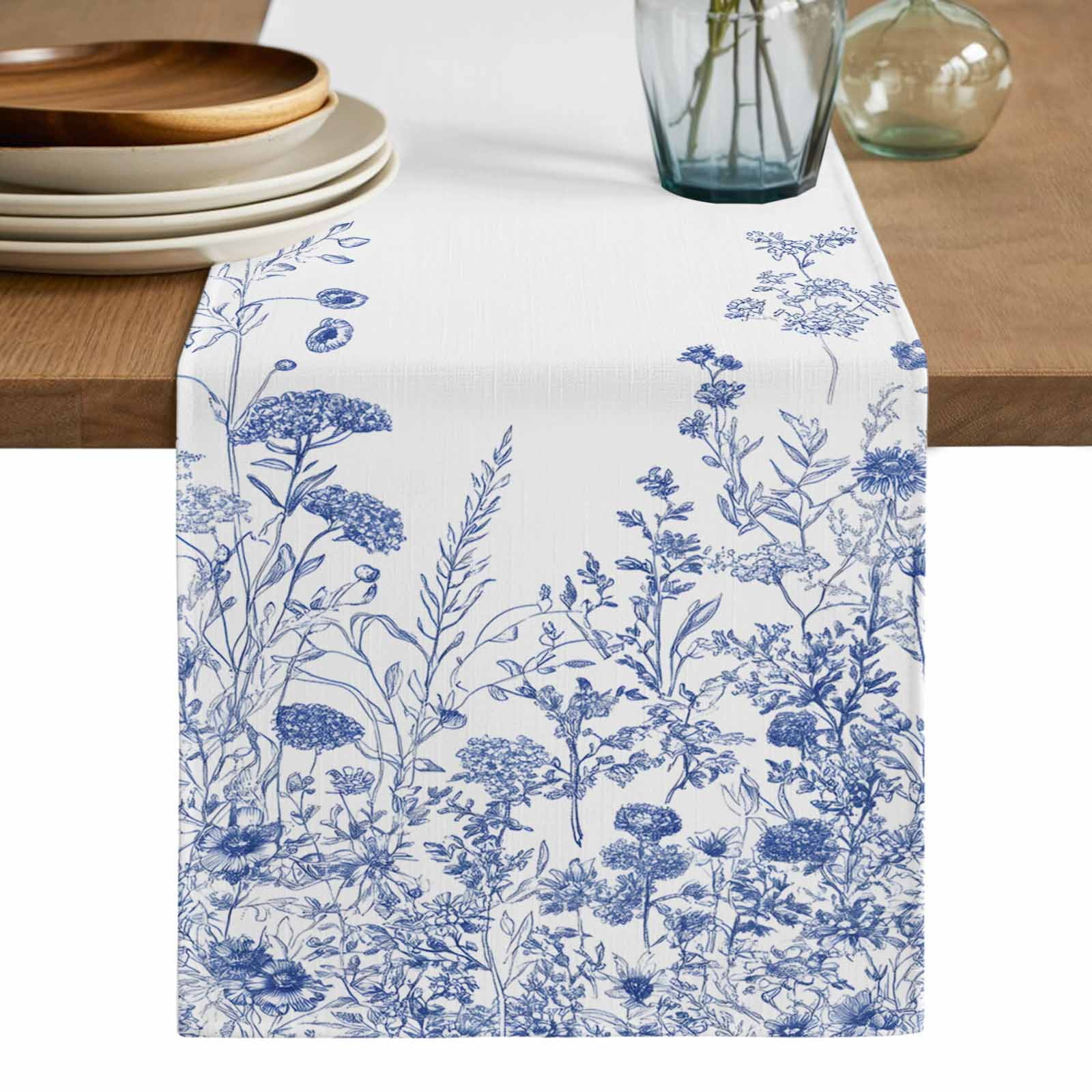 Blue Flower Plant Table Runner, Retro Country Tree Branch Leaves ...