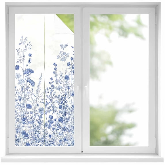 Blue Flower Plant Window Privacy Film, Retro Country Tree Branch Leaves ...