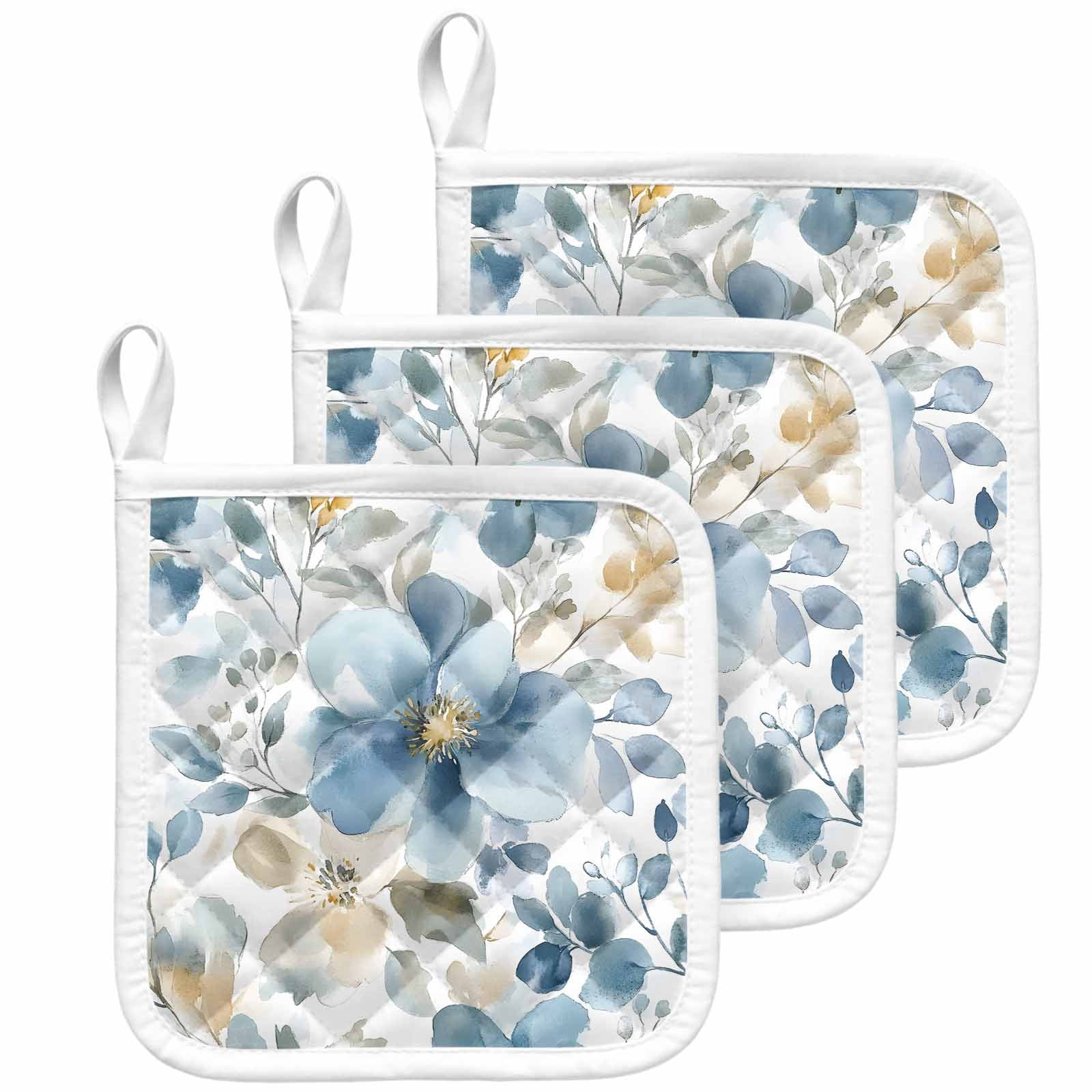 Blue Flower Pot Holders for Kitchen Heatproof Potholder, 3 Pack Sage ...