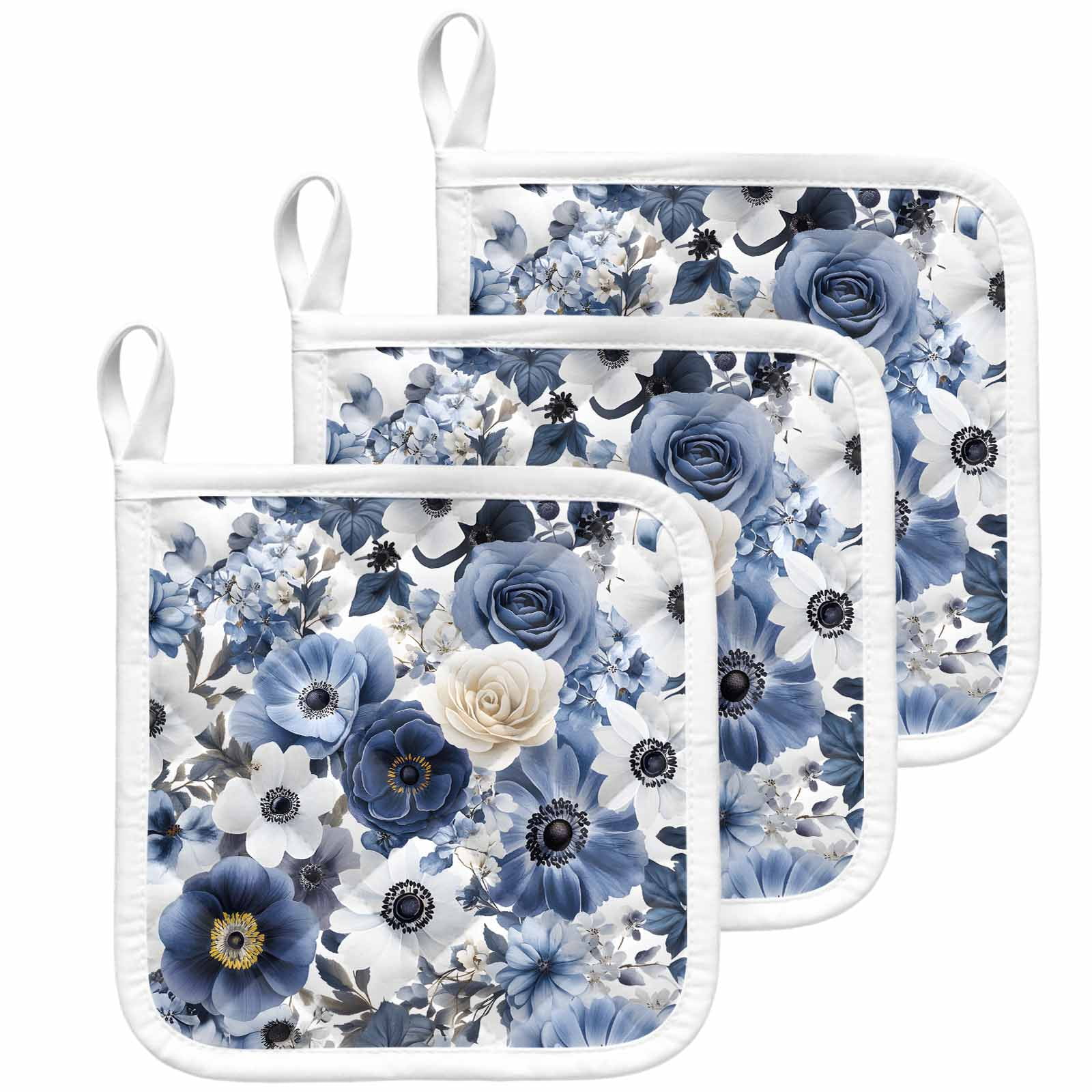 Blue Flower Pot Holders for Kitchen Heatproof Potholder, 3 Pack Vintage ...