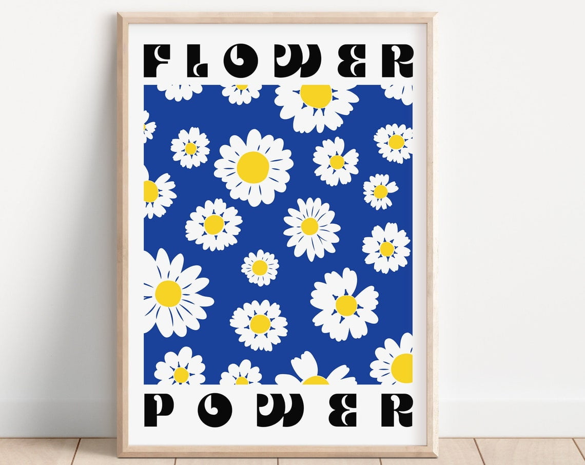 Blue Flower Power Daisy'S Print - Colourful Retro Art Groovy Floral ...