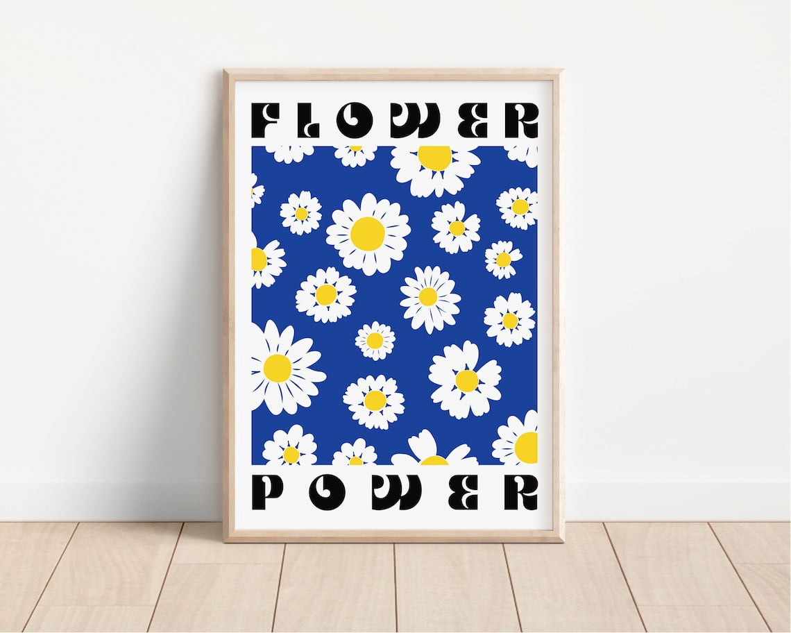 Blue Flower Power Daisy's Colourful Retro Art Groovy Floral 1970s 1960s ...