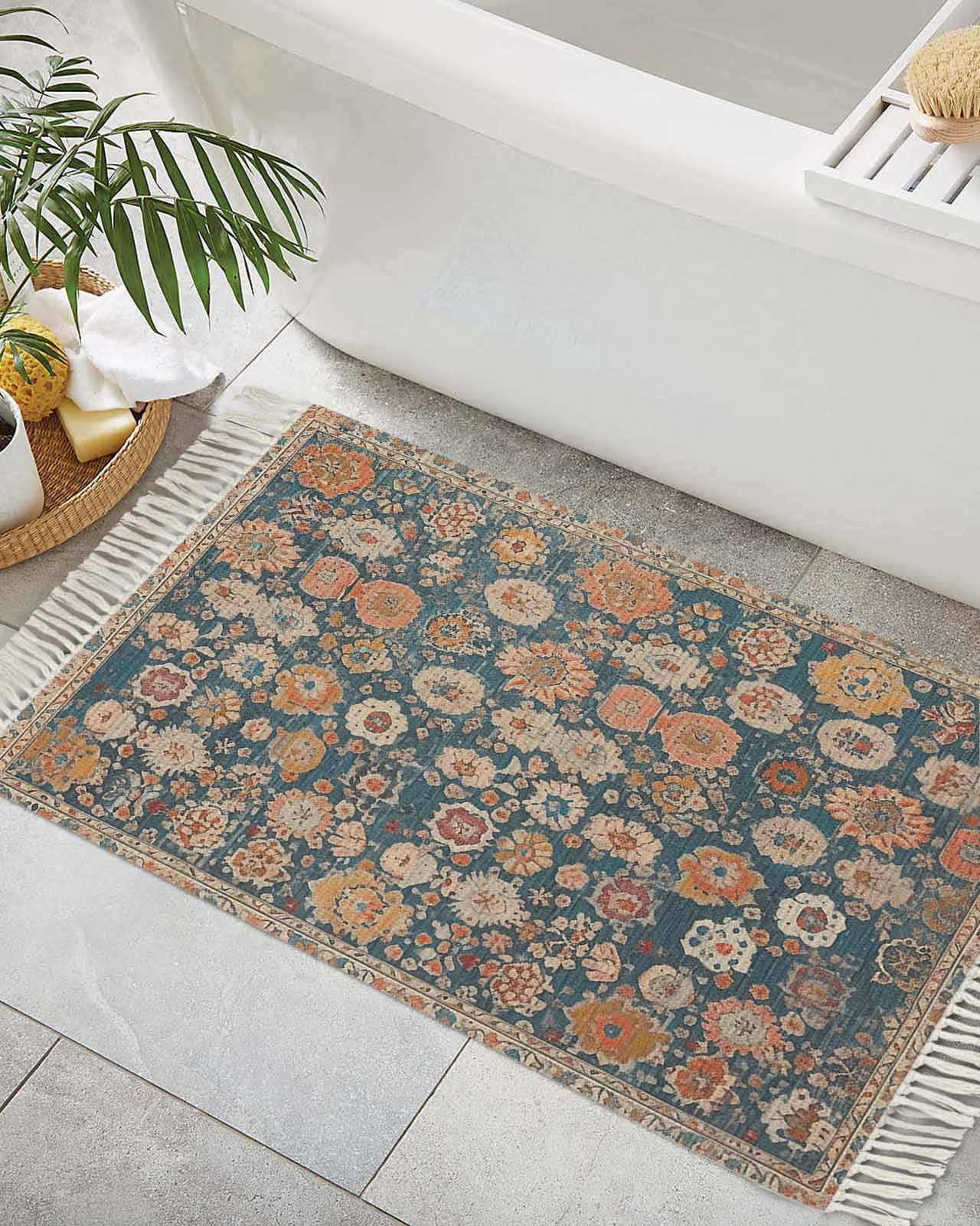 Blue Flower Print,Bath Rug 2x3ft Woven Bathroom Entryway Runner Rug ...