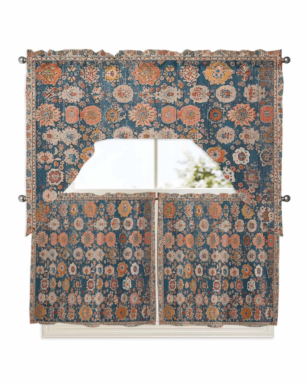 Blue Flower Print, Kitchen Curtains Swag Valance and Tier Curtains Set ...