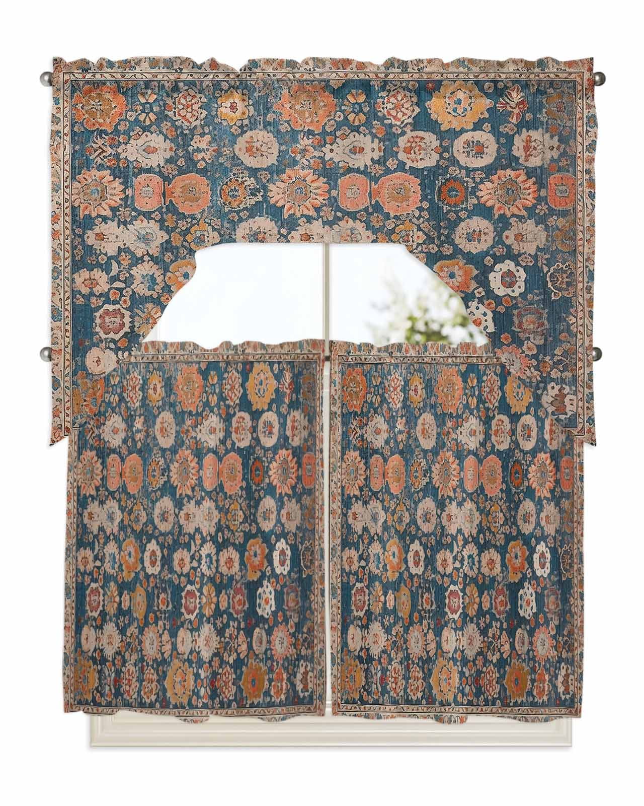 Blue Flower Print, Kitchen Curtains Swag Valance and Tier Curtains Set ...