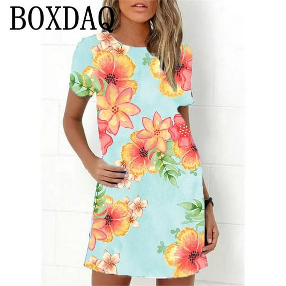 Blue Flower Print Women Dress Elegant Sweet Casual Short Sleeve Loose A ...